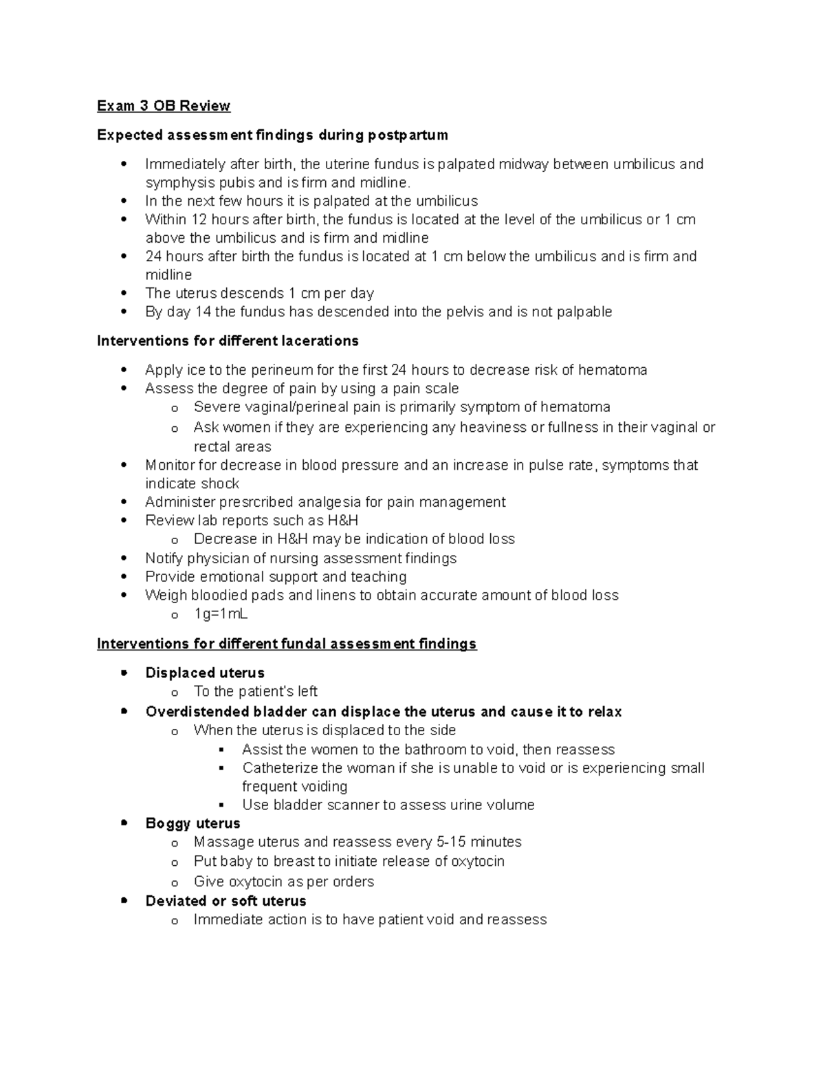 OB Exam 3 - OB exam 3 notes - Exam 3 OB Review Expected assessment ...