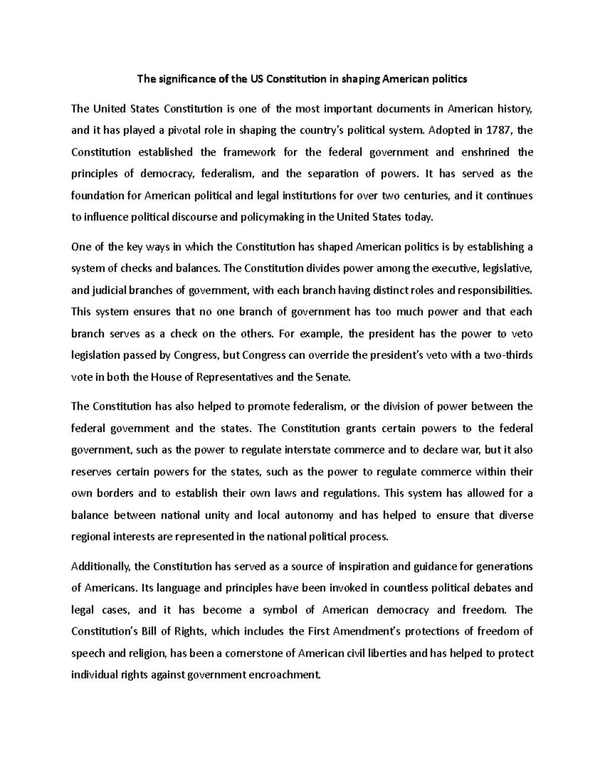 American Political Thought - The significance of the US Constitution in ...