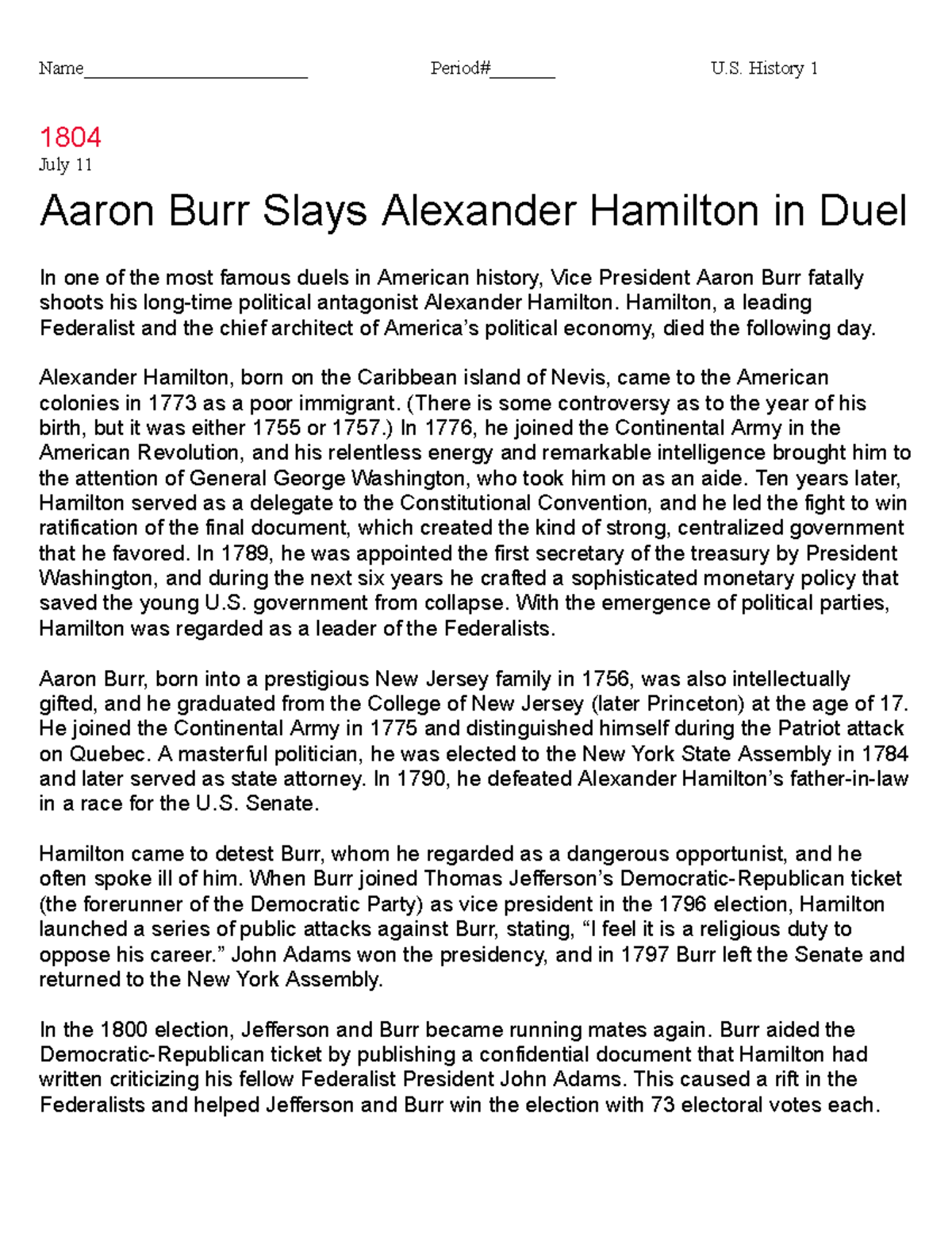 - 2027 - Worksheet Hamilton Burr Duel Reading and Questions - Name