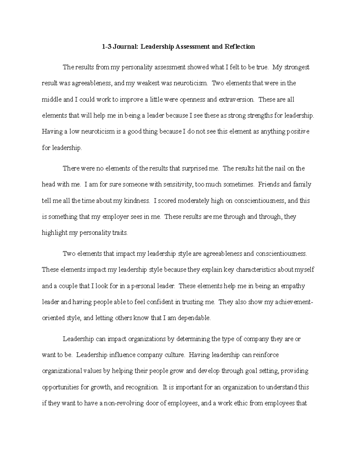 1-3 Journal - Leadership Assessment and Reflection - 1-3 Journal ...