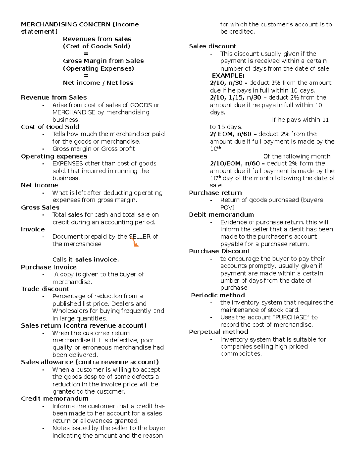 Merchandising- Definitions - MERCHANDISING CONCERN (income statement ...
