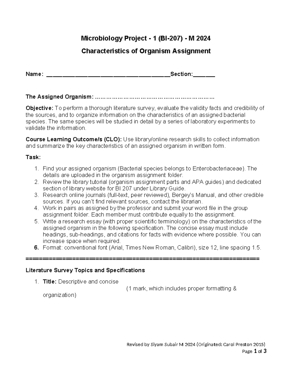 Characteristics of Organisms Assignment M 2024 - Microbiology Project ...