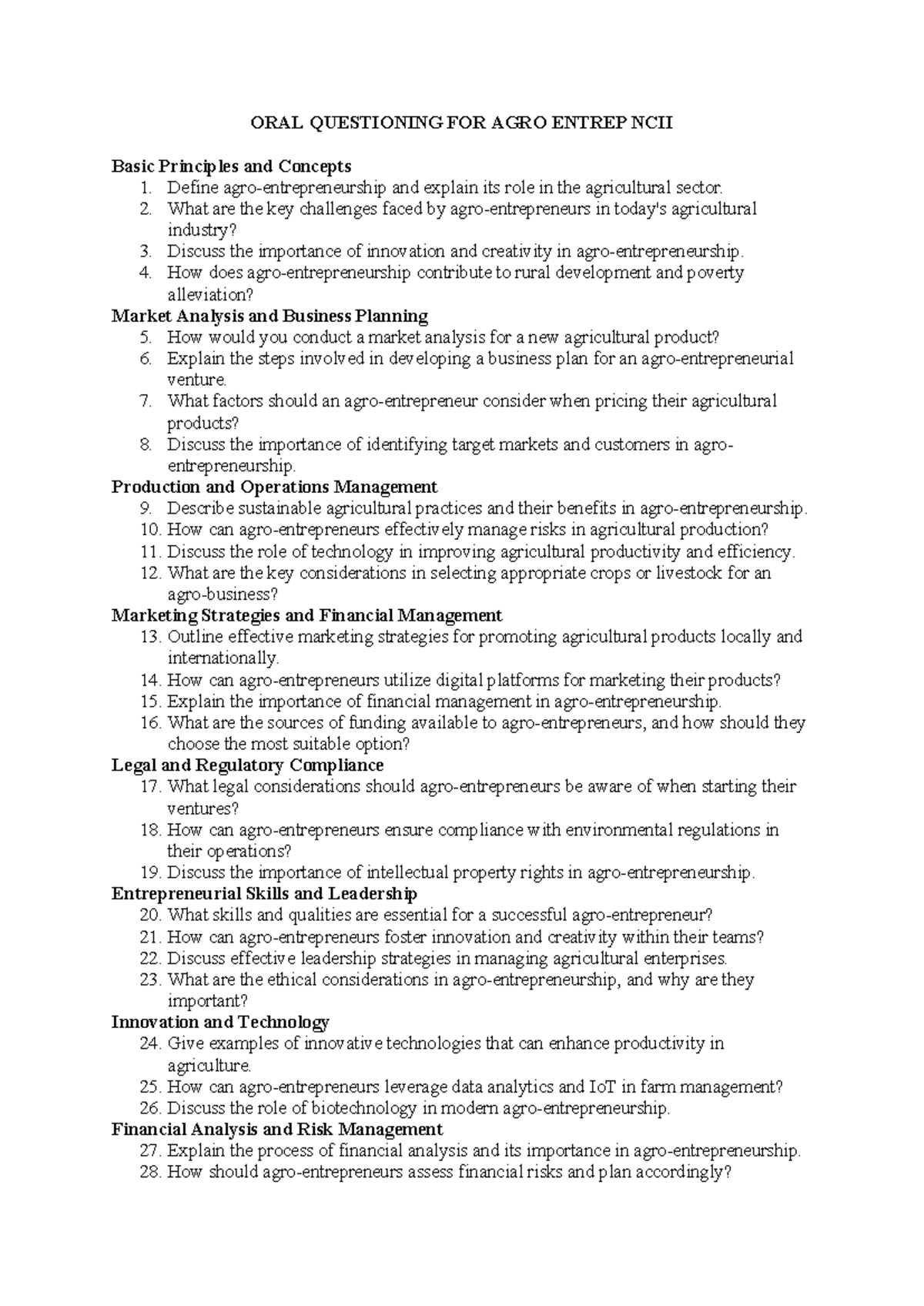 Assessment Tools IN AGRO - ORAL QUESTIONING FOR AGRO ENTREP NCII Basic ...