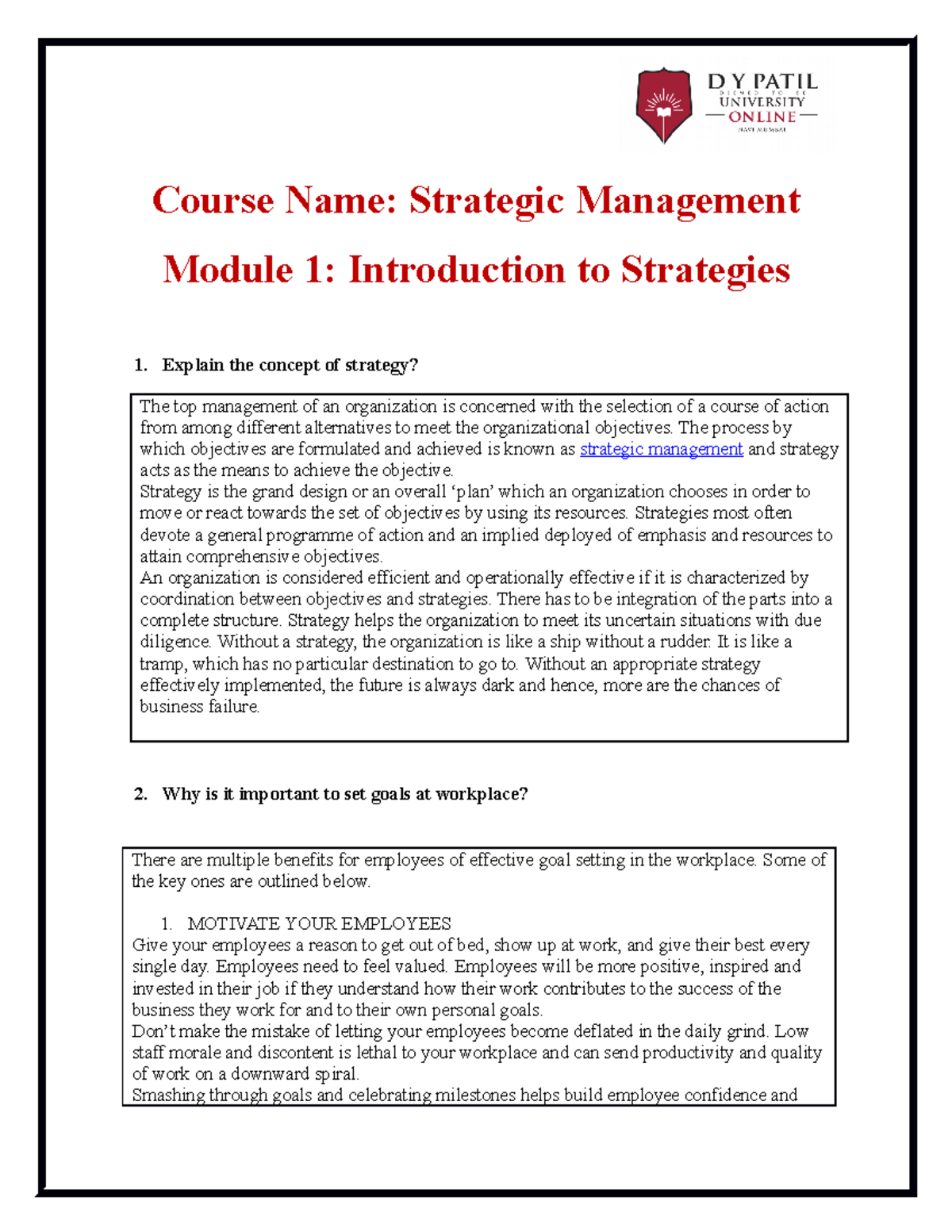 Assignment Mod 1 Introduction to strategies - Course Name: Strategic ...
