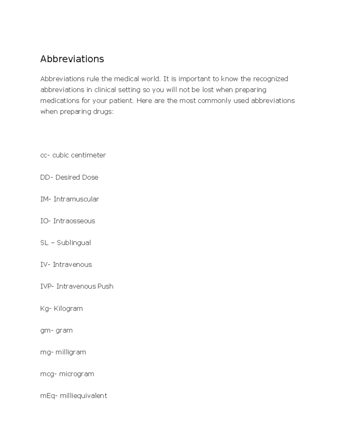 Drugcalculations - notes for calculation - Abbreviations Abbreviations ...