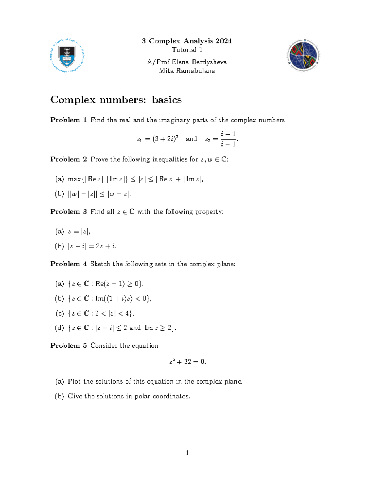 Complex analysis tut1 - tut 1 - 3 Complex Analysis 2024 Tutorial 1 A ...