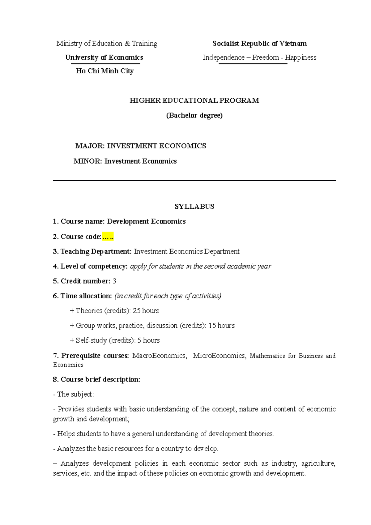 Syllabus Economics of Development English Thang Vo 2021 - Ministry of ...