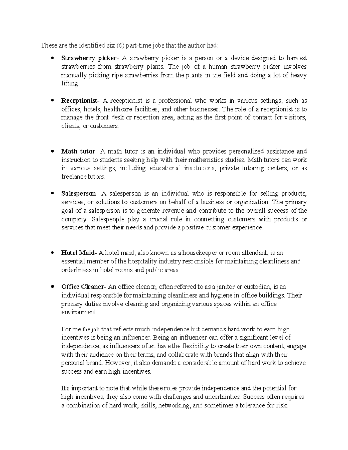 UGE 1 - Essay only - These are the identified six (6) part-time jobs ...