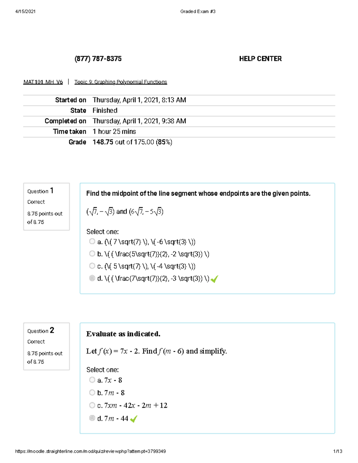 Math Graded Exam #3 - Assignment material - MAT101_MH_V6 | Topic 9 ...