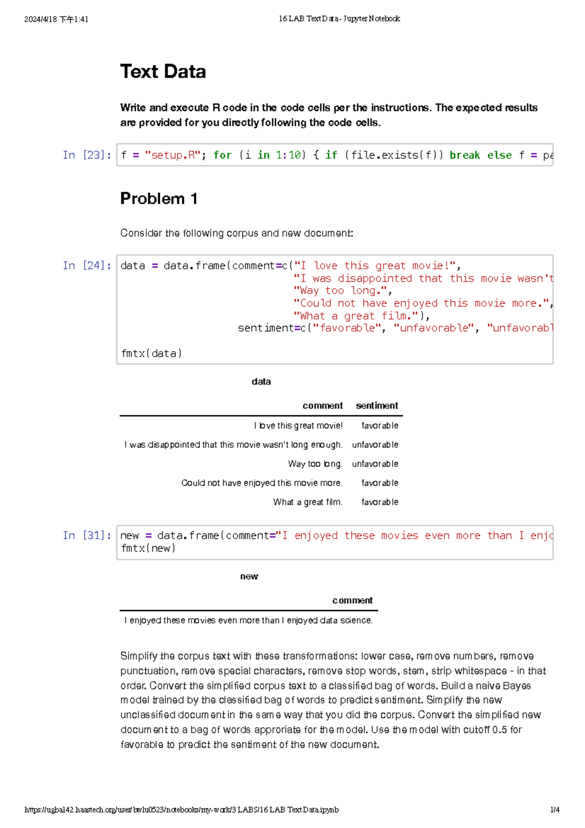 16 LAB Text Data - Jupyter Notebook - Text Data Write and execute R code in the code cells per ...