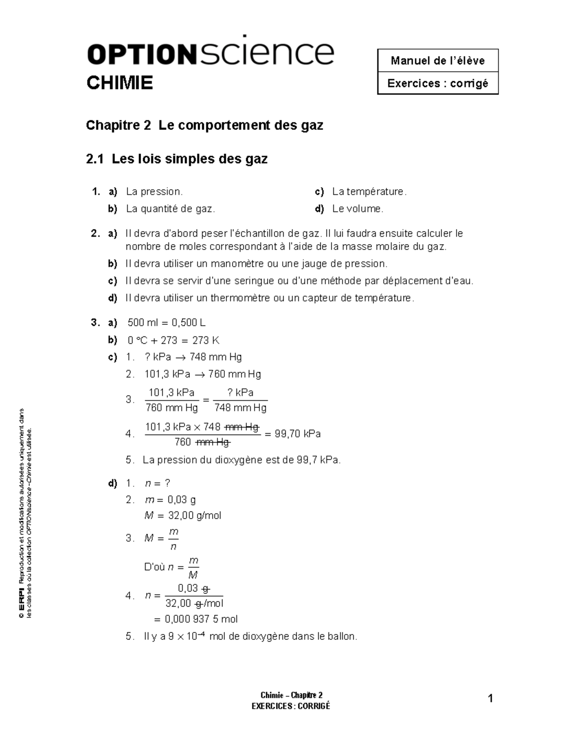 00corrigemaneulch 2 - yas - CHIMIE Exercices : corrigé Chimie – Chapitre 2 © ERPI Reproduction ...