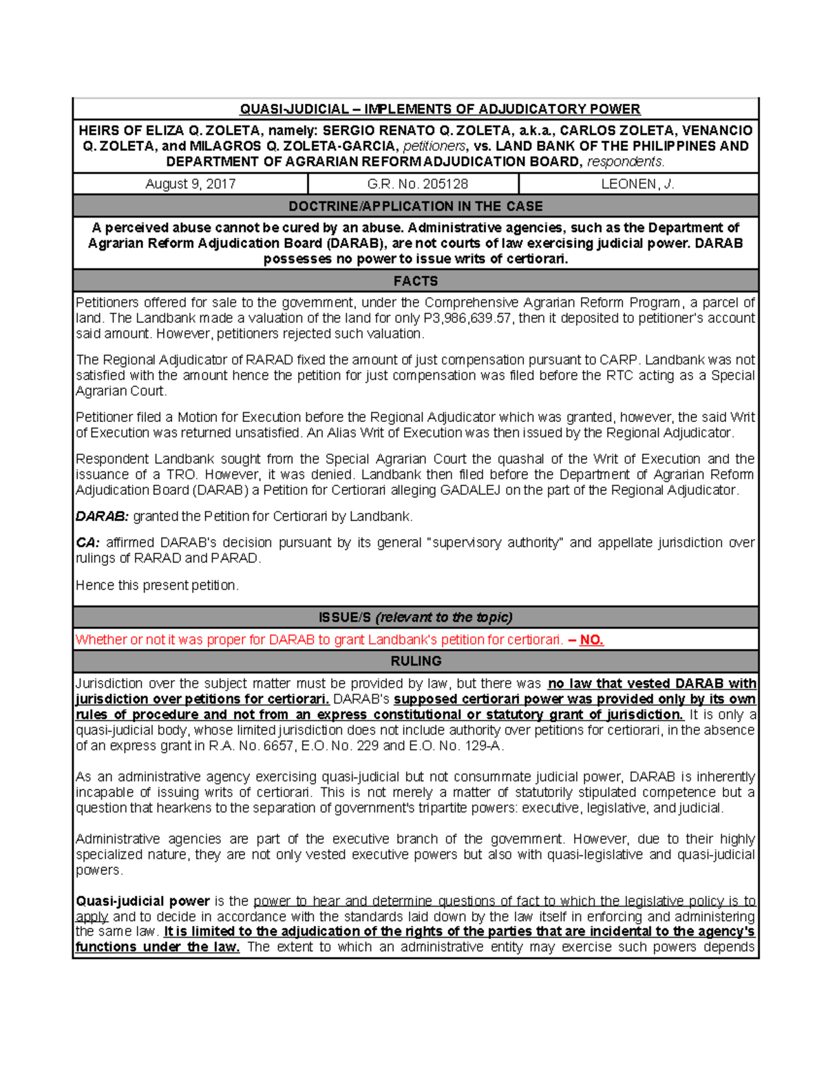 CASE 45 - Heirs of Zoleta vs. Land Bank of the Philippines - QUASI ...