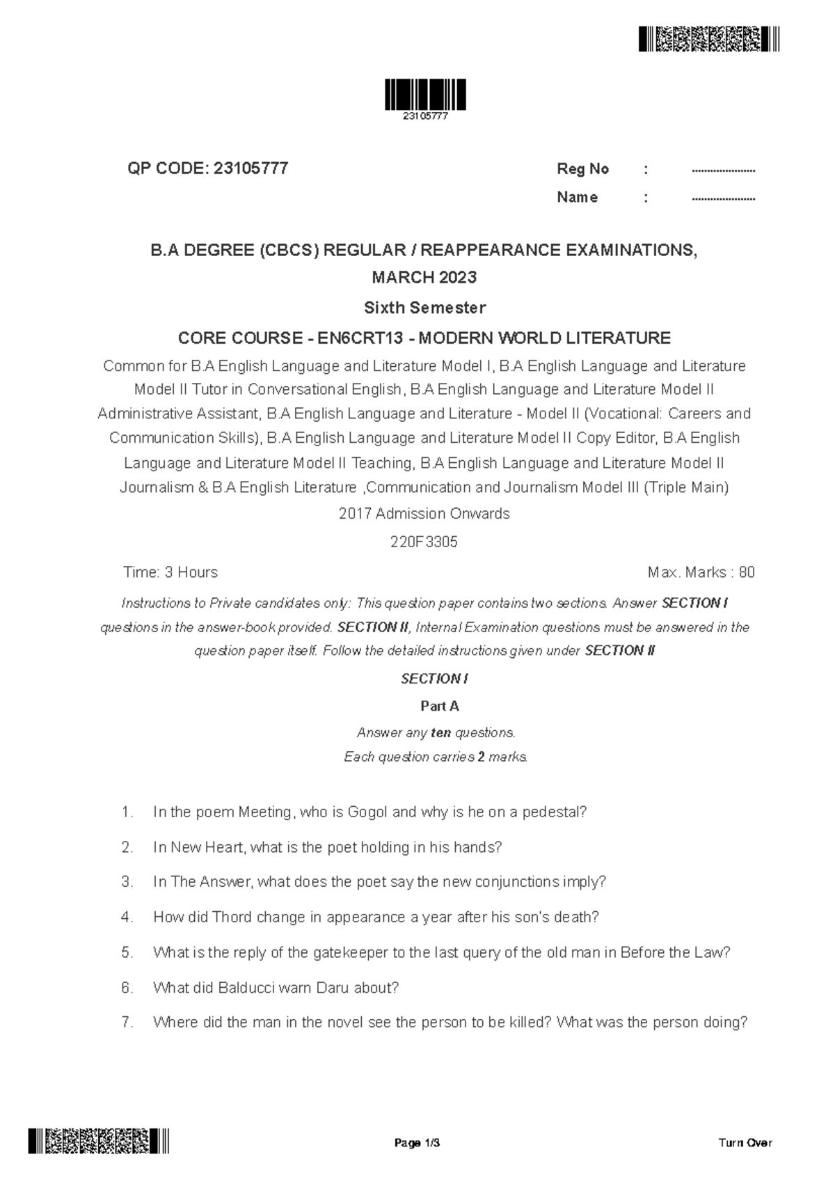 23105777 eng - Previous Question paper - QP CODE: 23105777 Reg No : ..................... Name ...