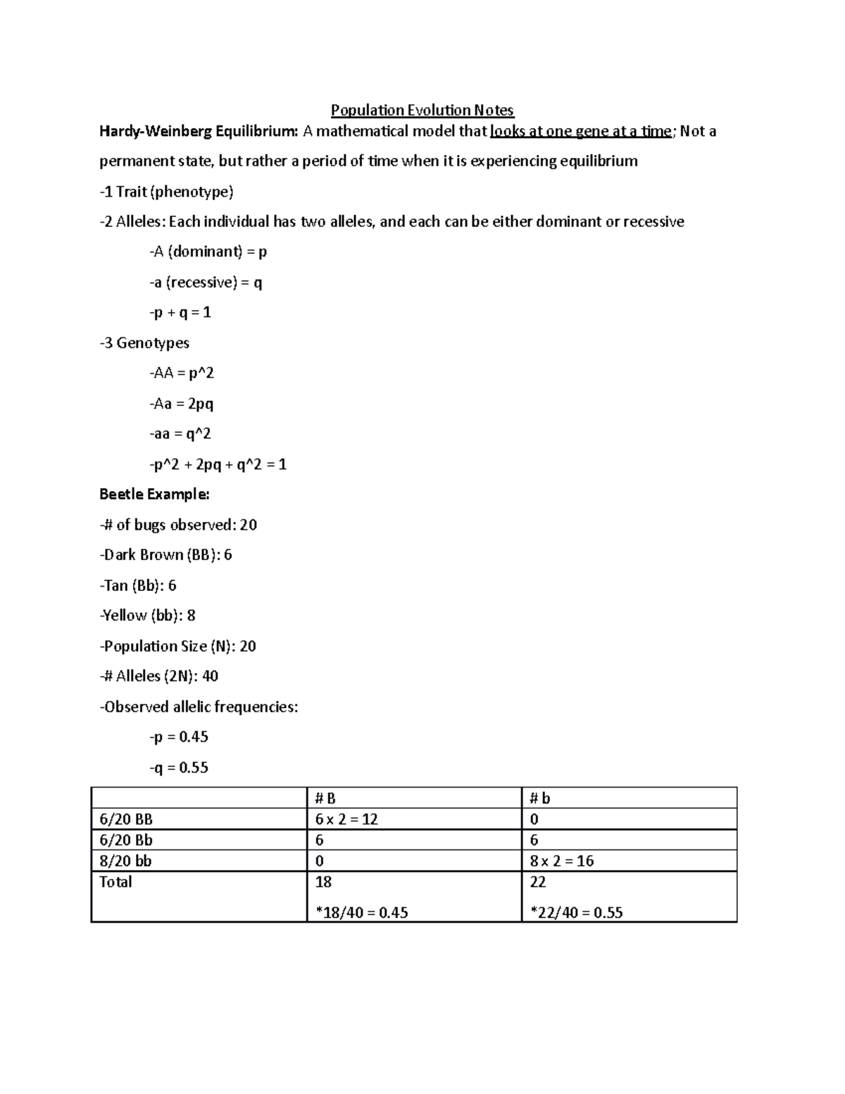 Population Evolution Notes - Population Evolution Notes Hardy-Weinberg ...