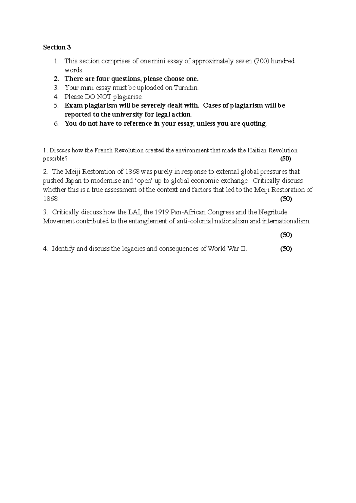 Exam Section 3 Essay questions - Section 3 This section comprises of ...