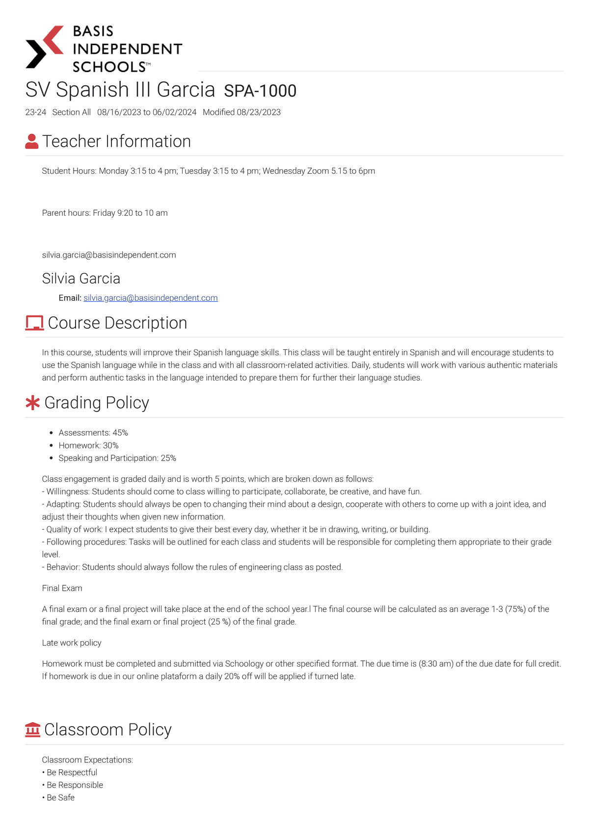 SV Spanish III Garcia Syllabus Concourse - Teacher Information Student ...