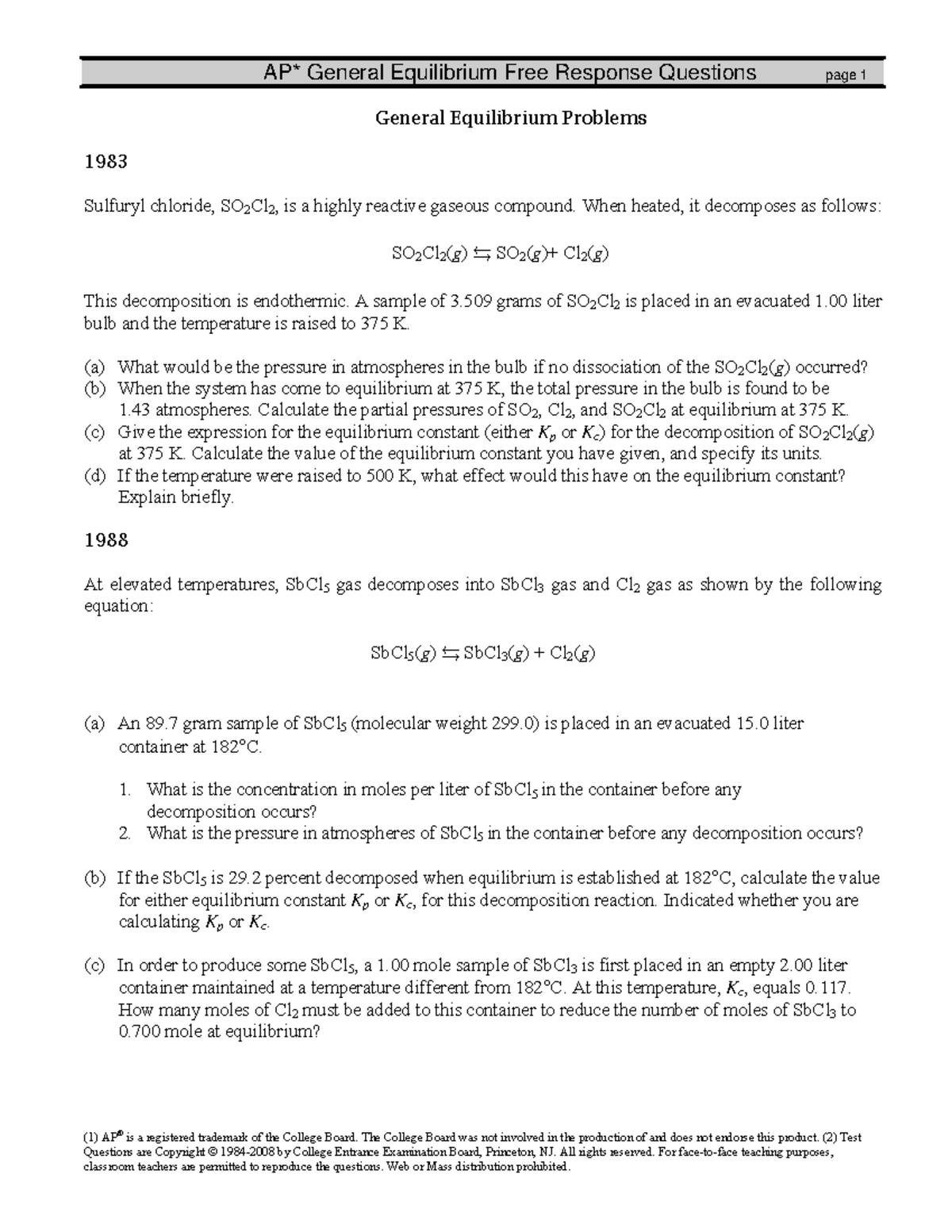 General Equilibrium FR worksheet - (1) AP® is a registered trademark of ...