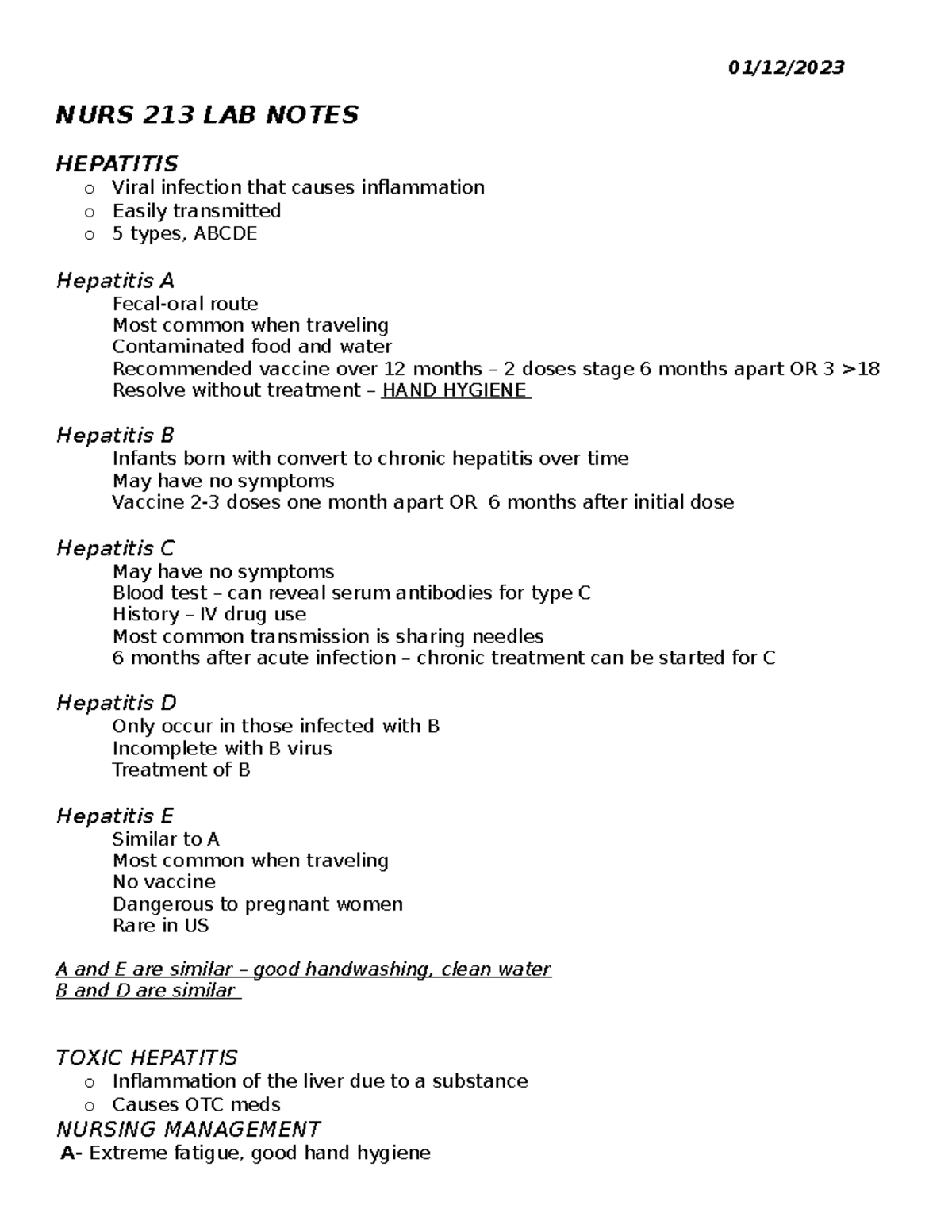 Nursinglab-01-12 - NOTES - 01/12/ NURS 213 LAB NOTES HEPATITIS o Viral ...