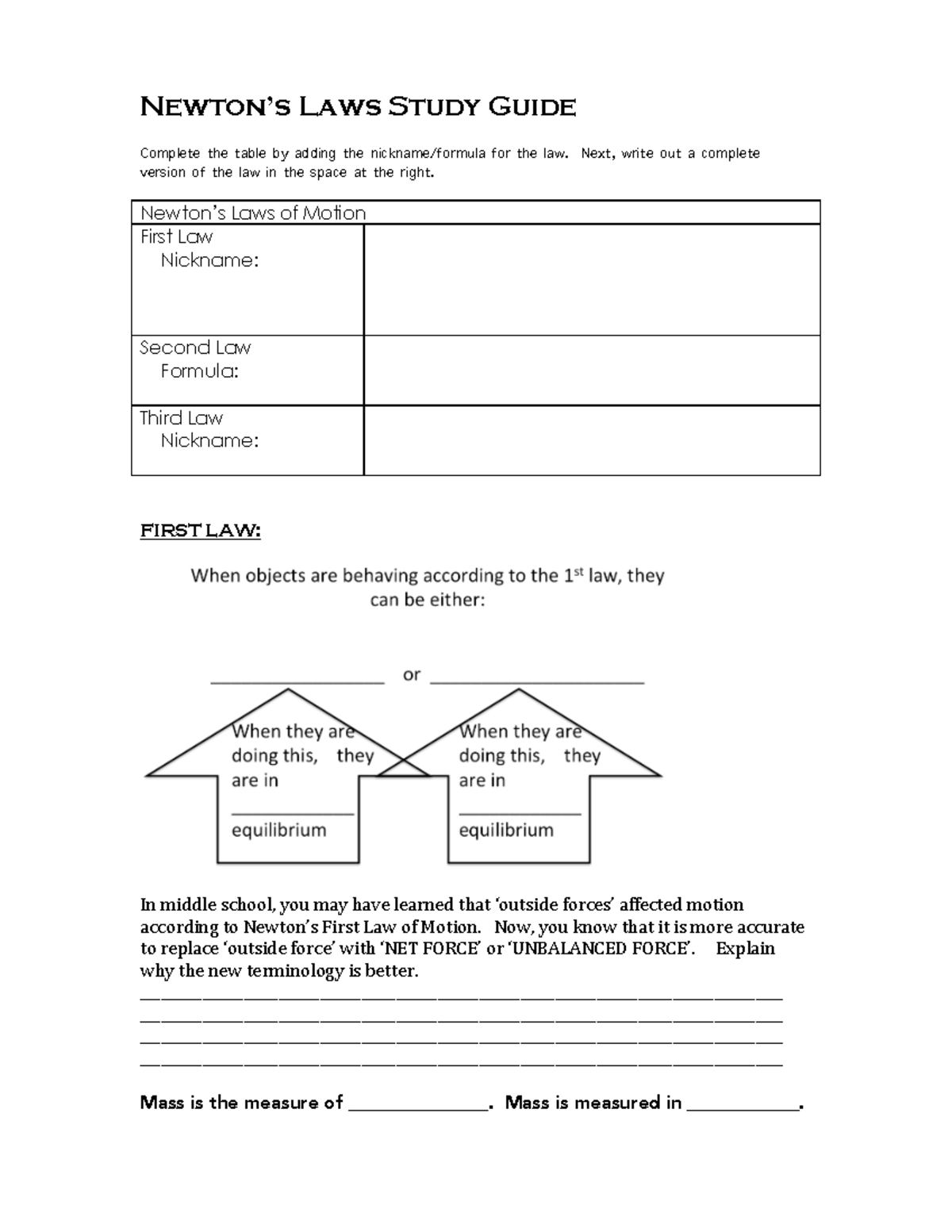 2016 newtons law study guide 1 - Newton’s Laws Study Guide! Complete ...