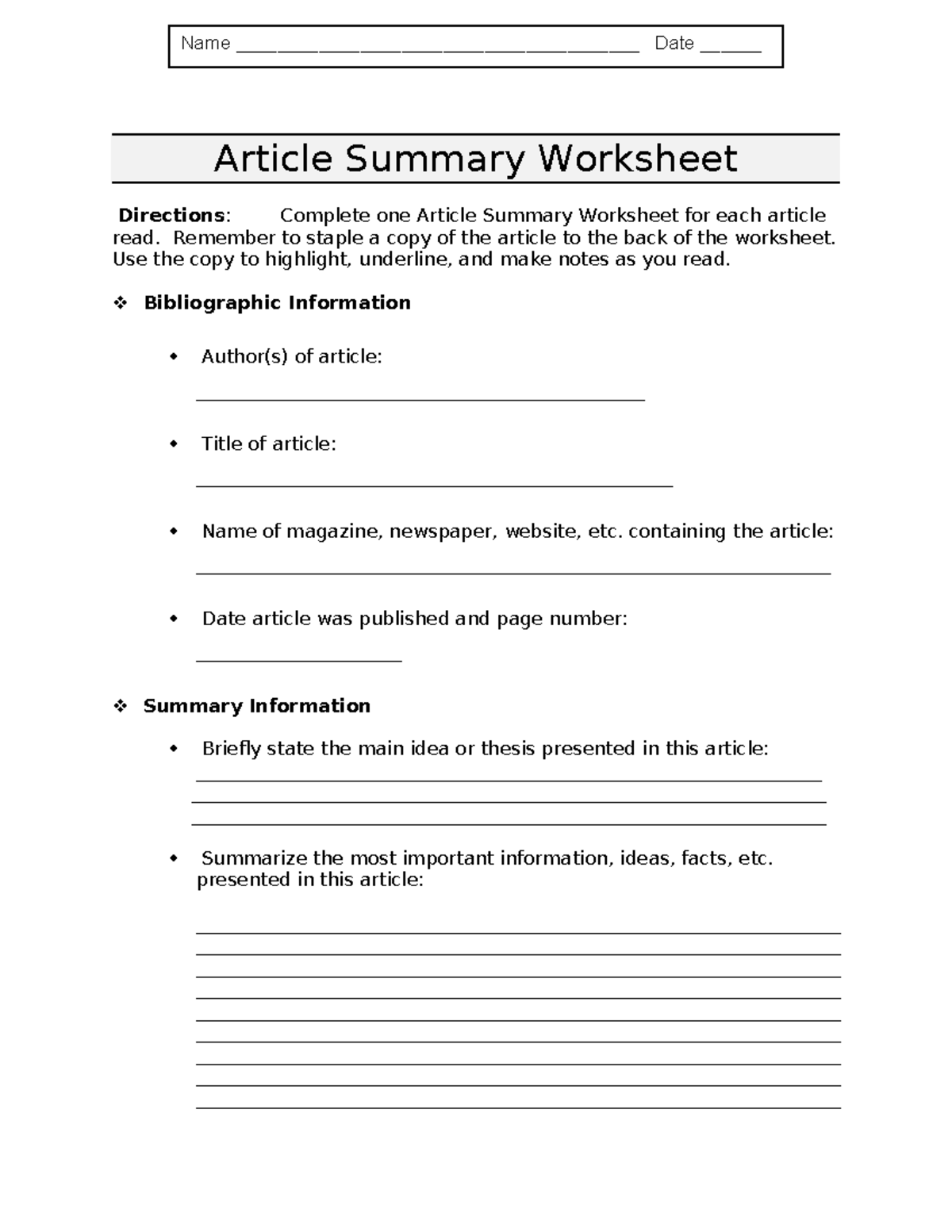 Article summary worksheet (4) - Article Summary Worksheet Directions ...