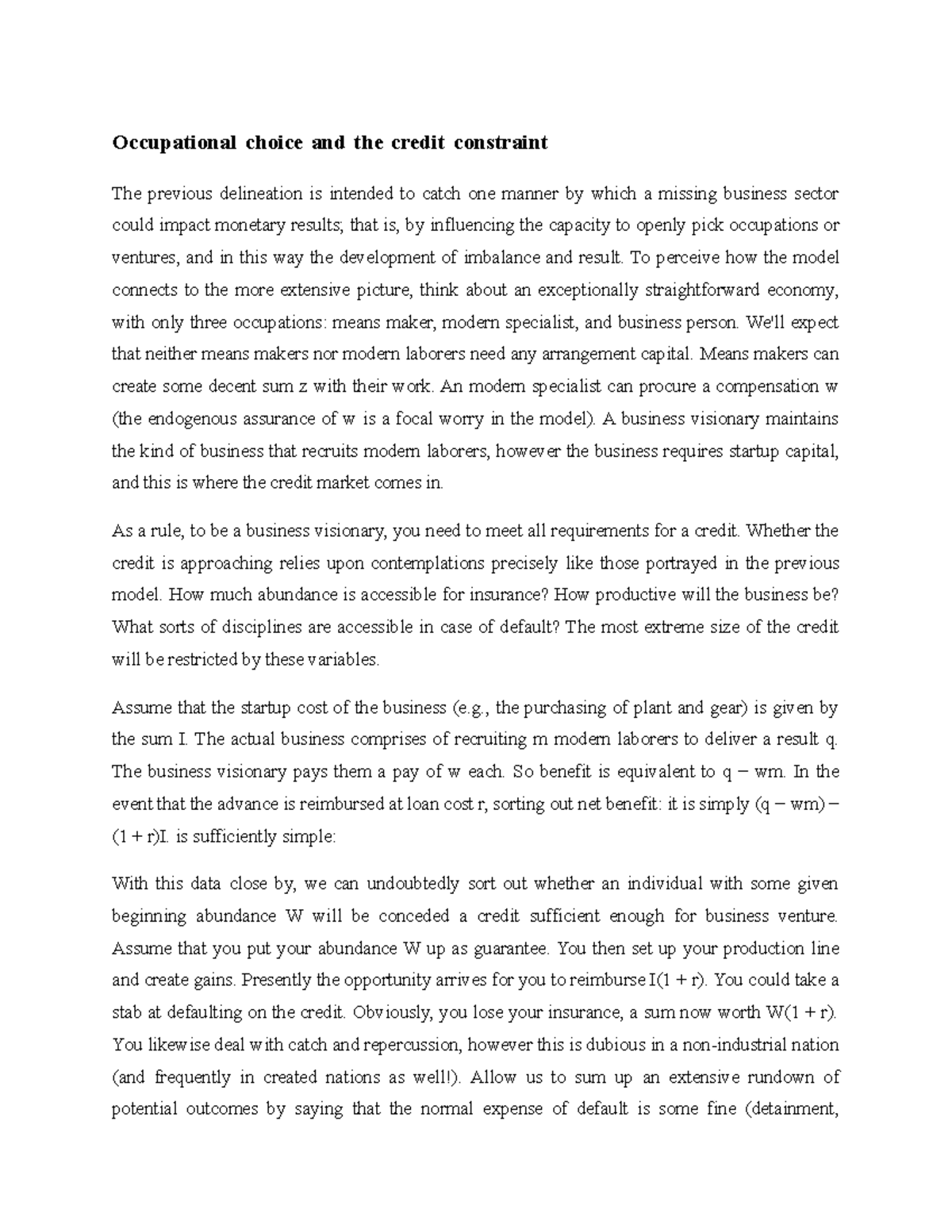 Occupational choice and the credit constraint - To perceive how the ...