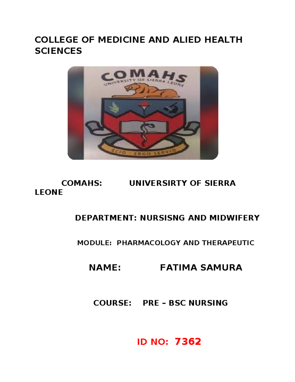 Pharmacology Assignment - COLLEGE OF MEDICINE AND ALIED HEALTH SCIENCES ...