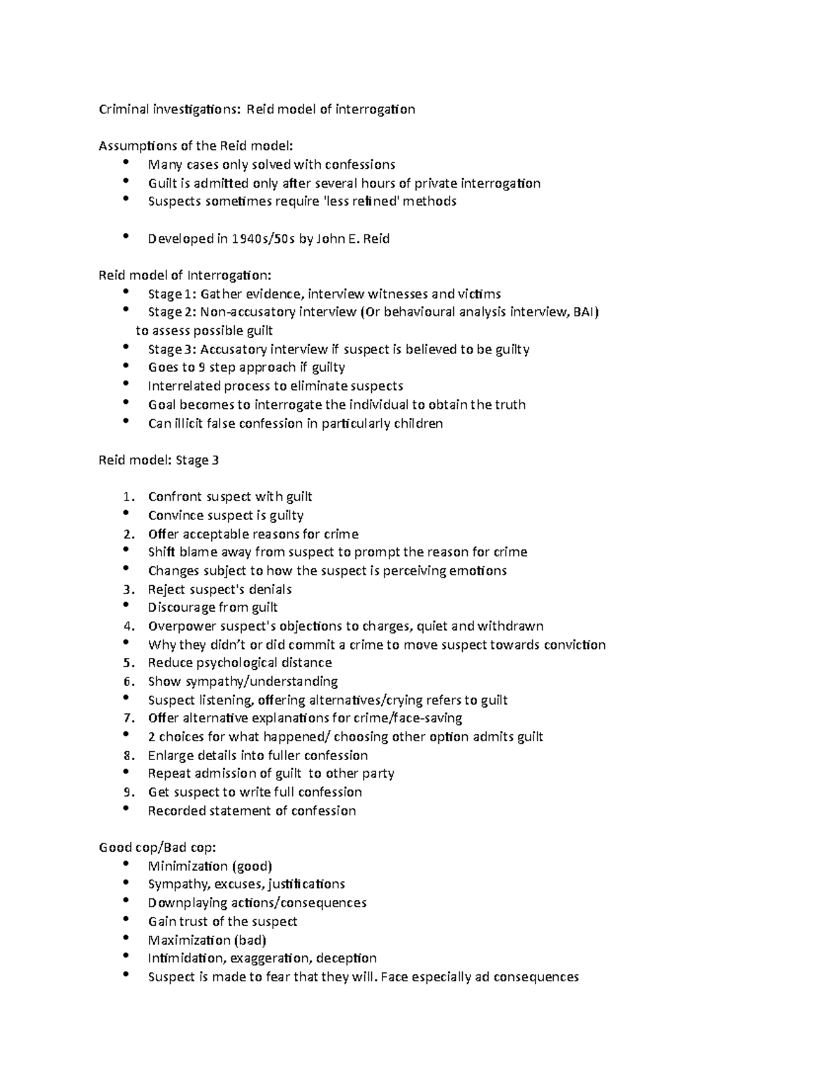 Psychology 2990A - lecture 6 summary - Criminal investigations: Reid ...