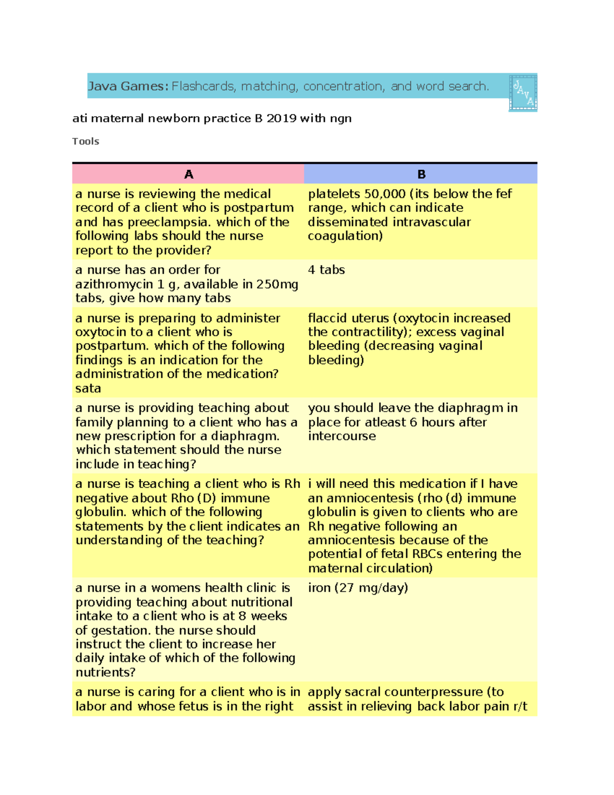 ATI B practices answwers - Java Games: Flashcards, matching ...