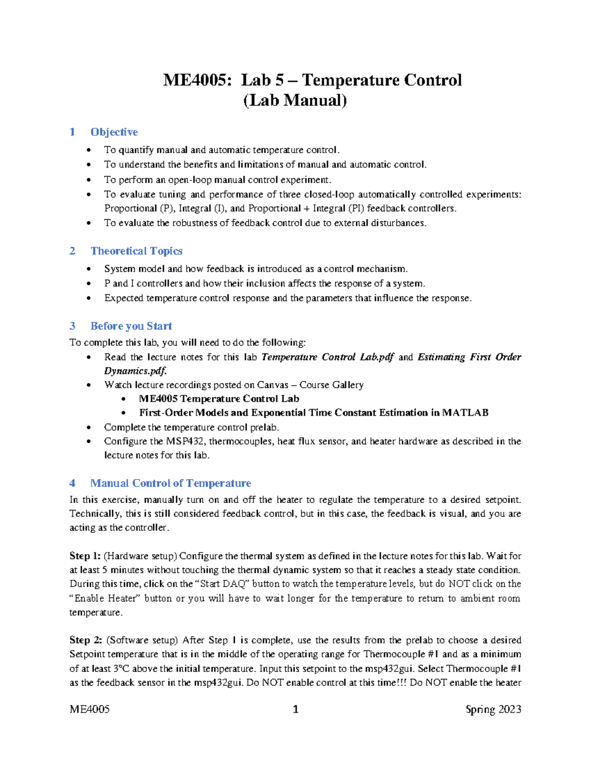 ME4005 Lab 5 Manual SP23 - ME4005: Lab 5 – Temperature Control (Lab Manual) 1 Objective To ...