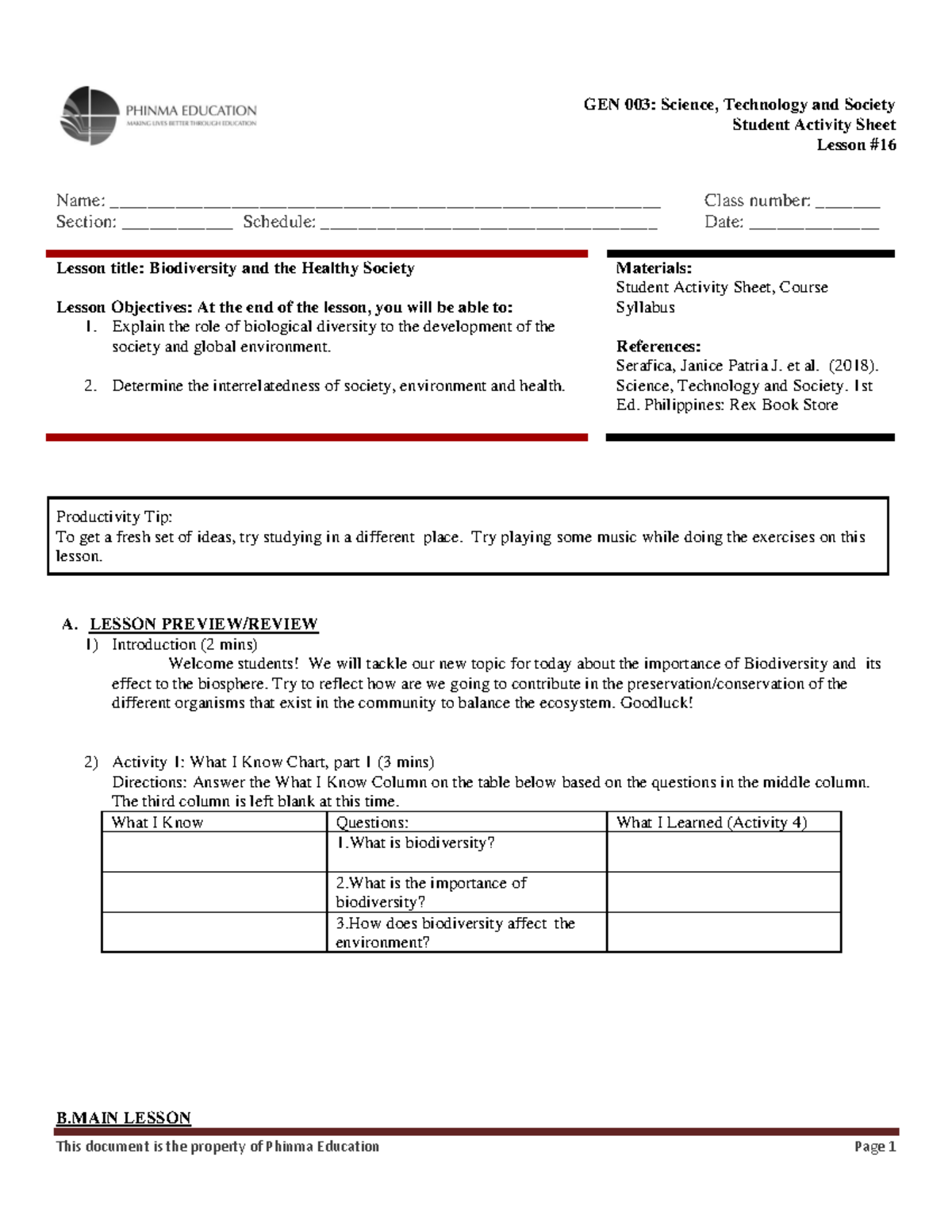 GEN 003 MODULE 16 - Student Activity Sheet Lesson # Name: - Studocu