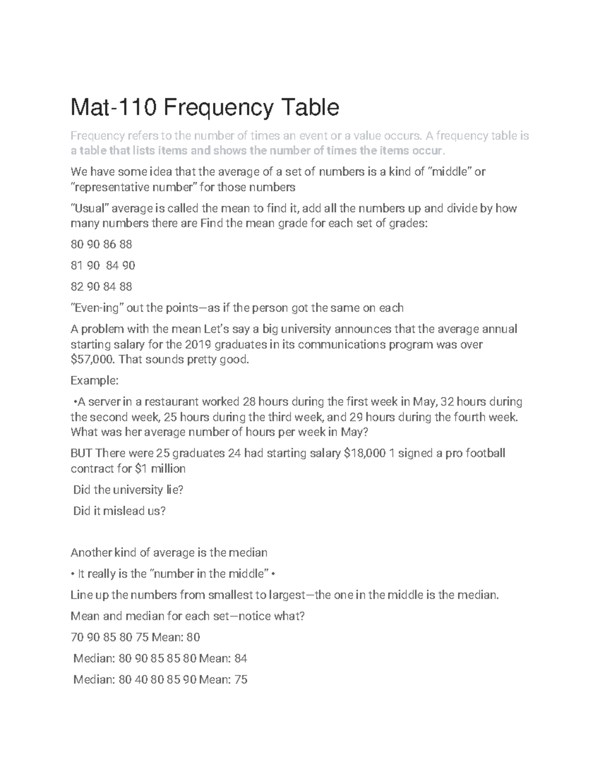 Frequency table - info - Mat-110 Frequency Table Frequency refers to ...