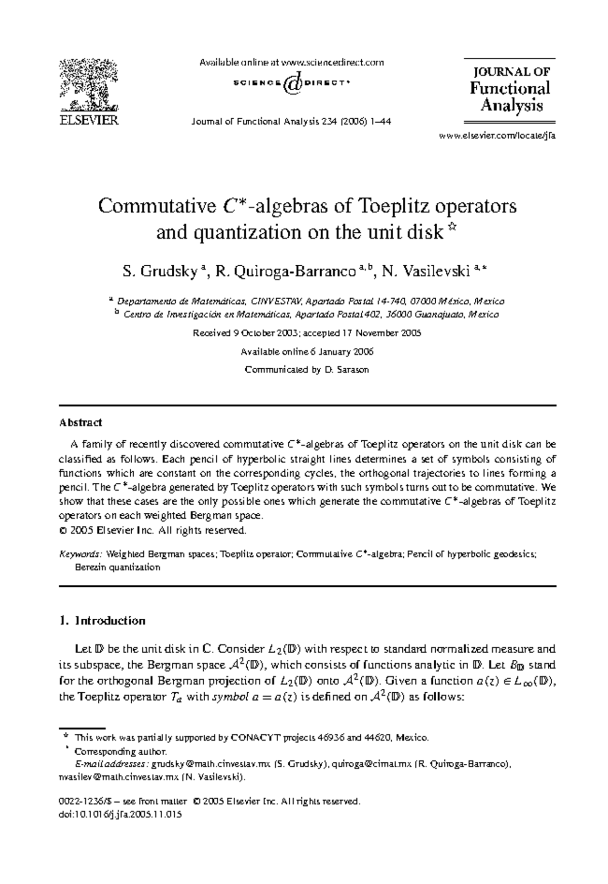 Commutative C^ -algebras of Toeplitz operators and quantization of the unit disc-1 - Journal of ...