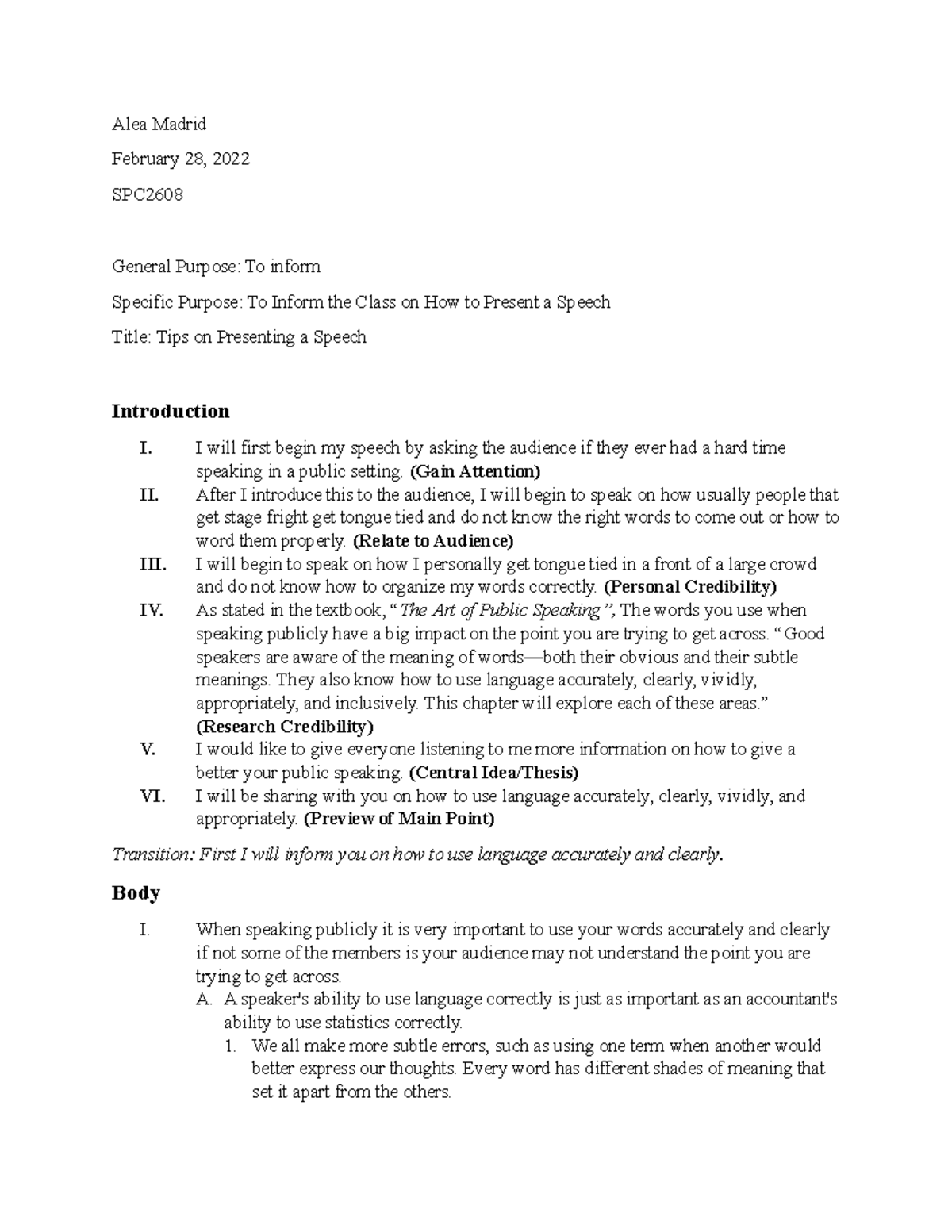 Final Extemporaneous Speech Outline - Alea Madrid - SPC 2608 - Florida ...