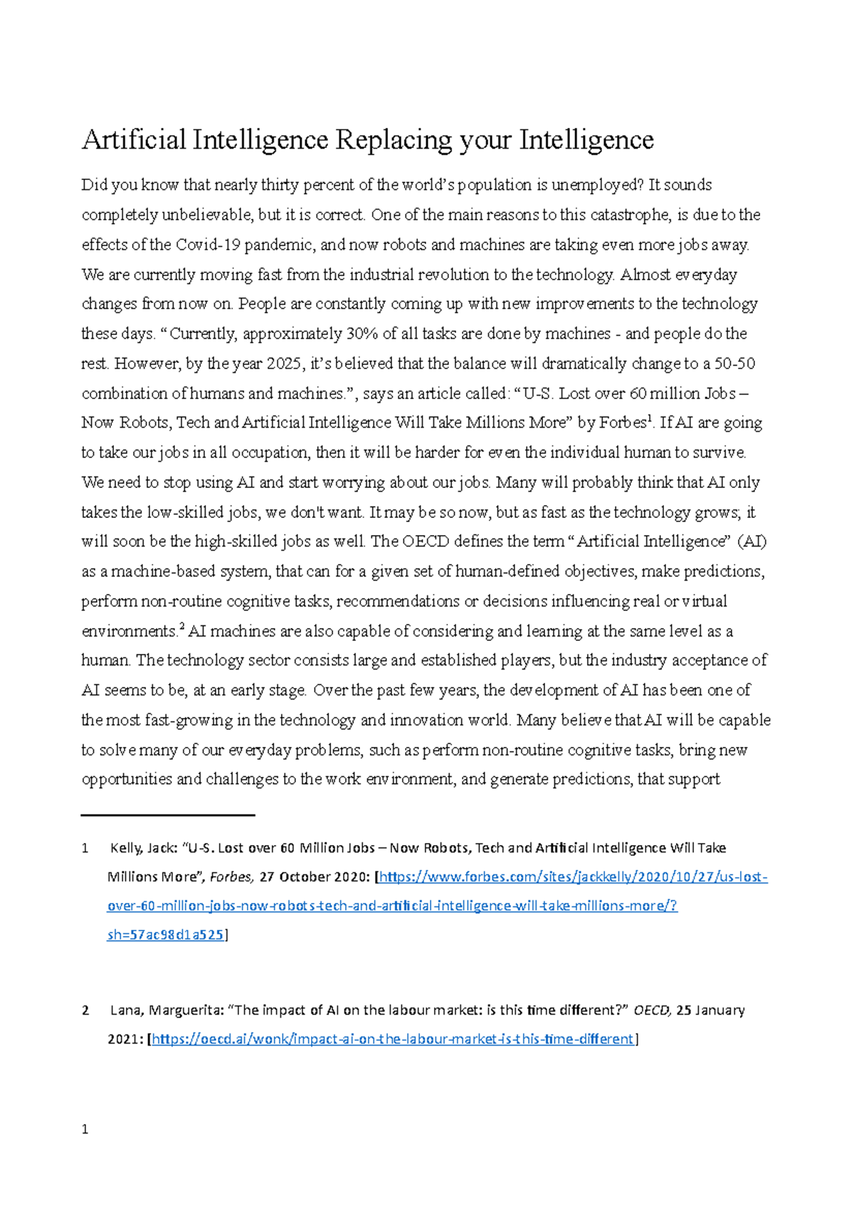 Essay about AI on the labour market - Artificial Intelligence Replacing ...