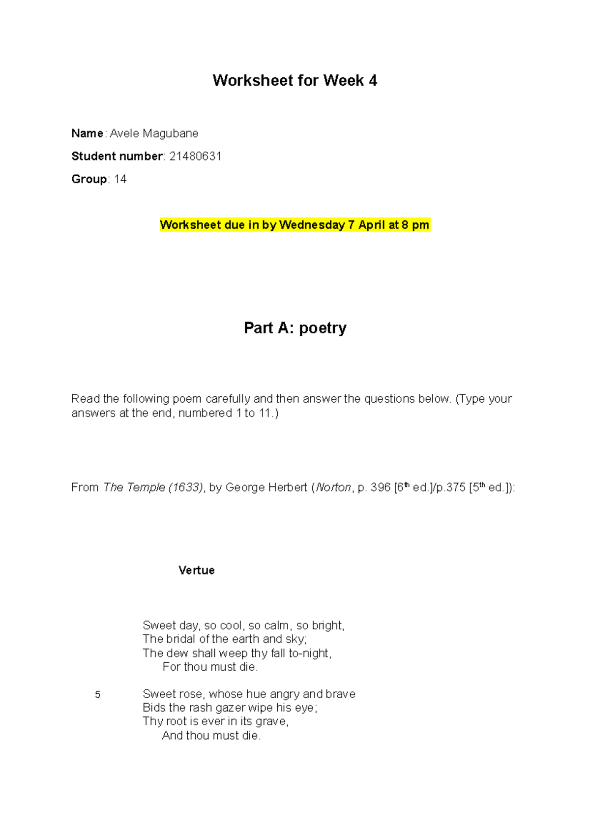 Week 4 prac - Week 4 worksheet - Worksheet for Week 4 Name : Avele ...