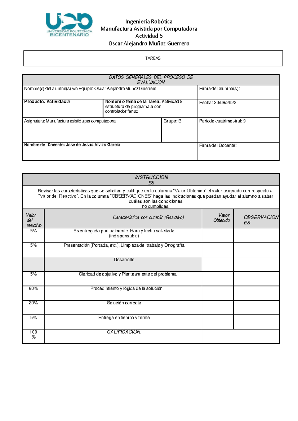 Actividad 5. Estructura de programa con controlador Fanuc CNC Fresadora ...