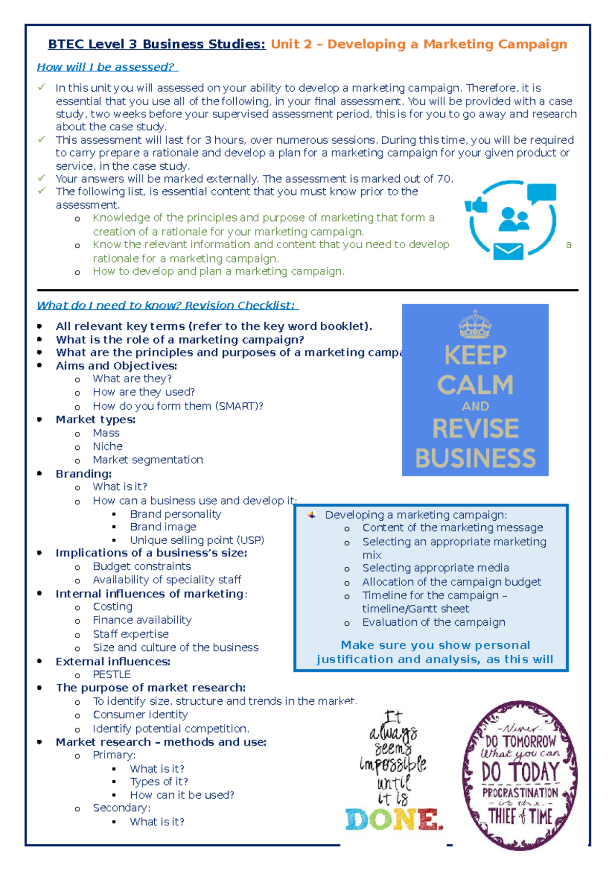 Revision checklist for the UNIT 2 EXAM MAY 2022 - BTEC Level 3 Business ...