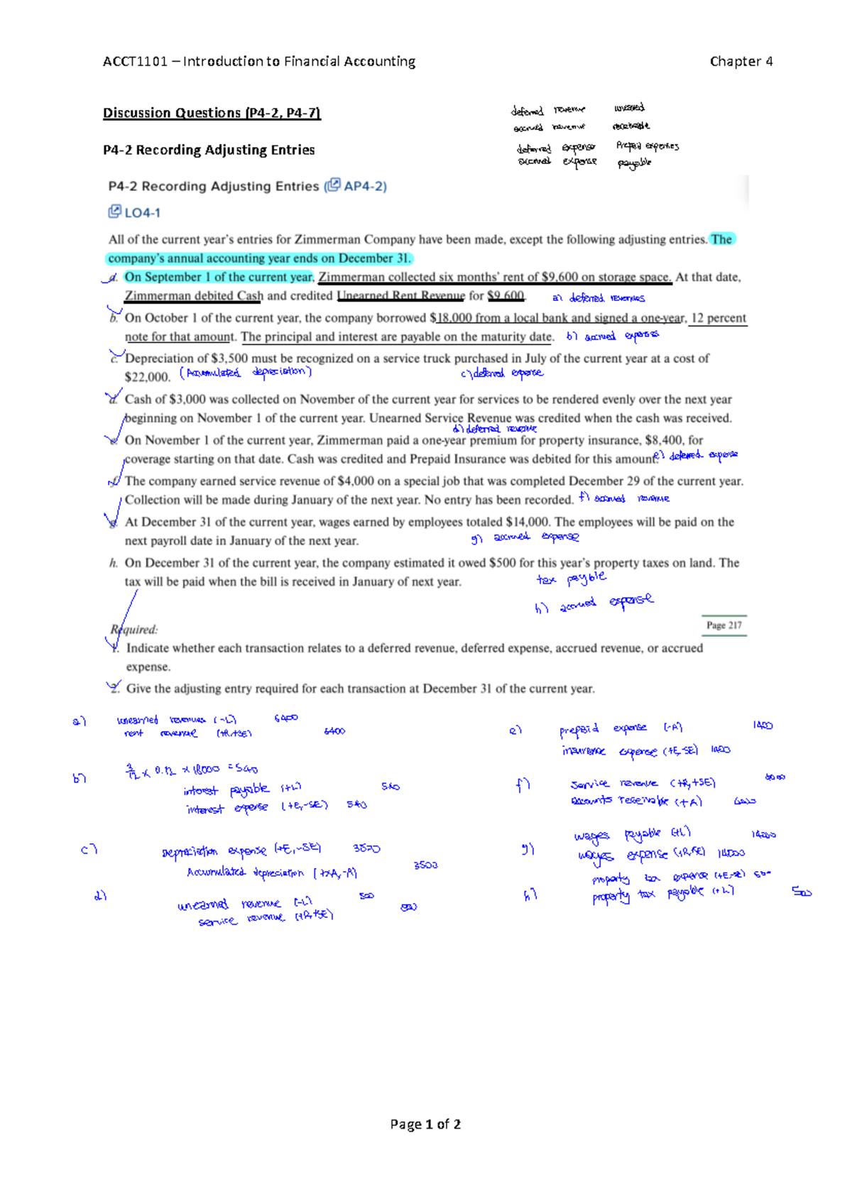 Ch.4 assignment questions - ACCT1101 – Introduction to Financial ...
