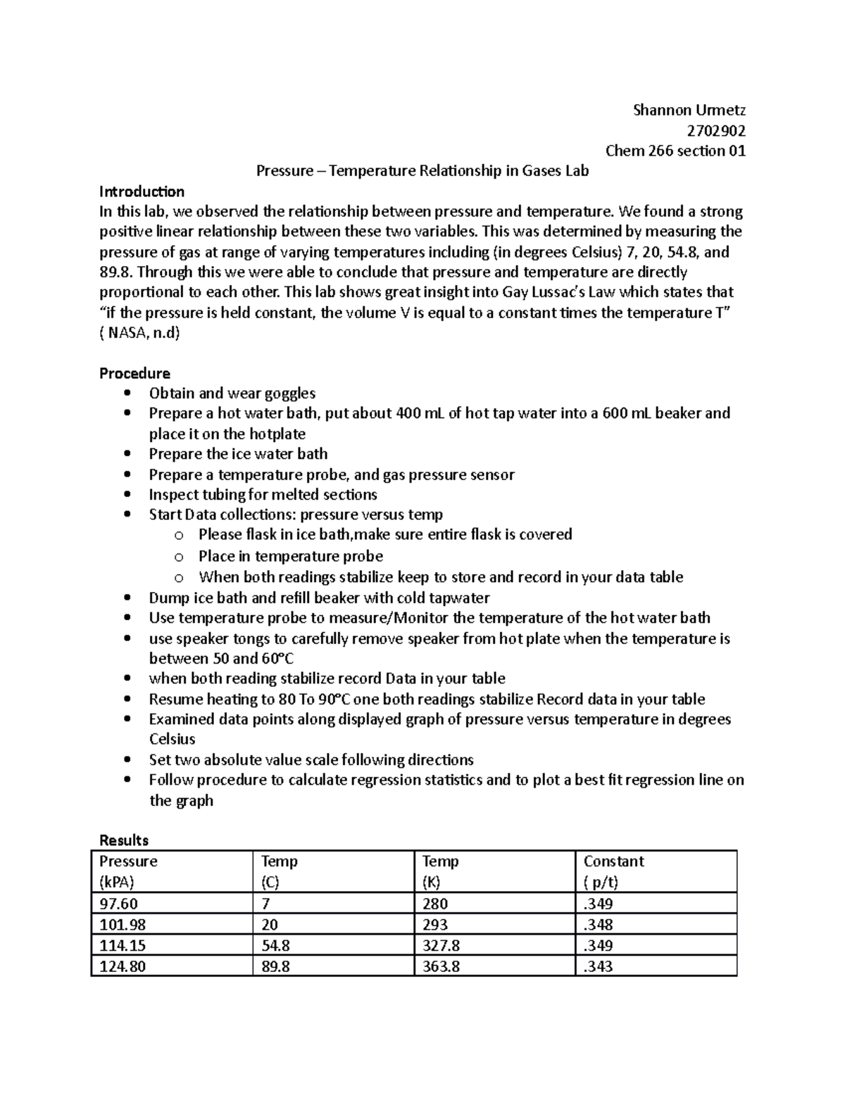 Pressure – Temperature Relationship in Gases Lab - We found a strong ...