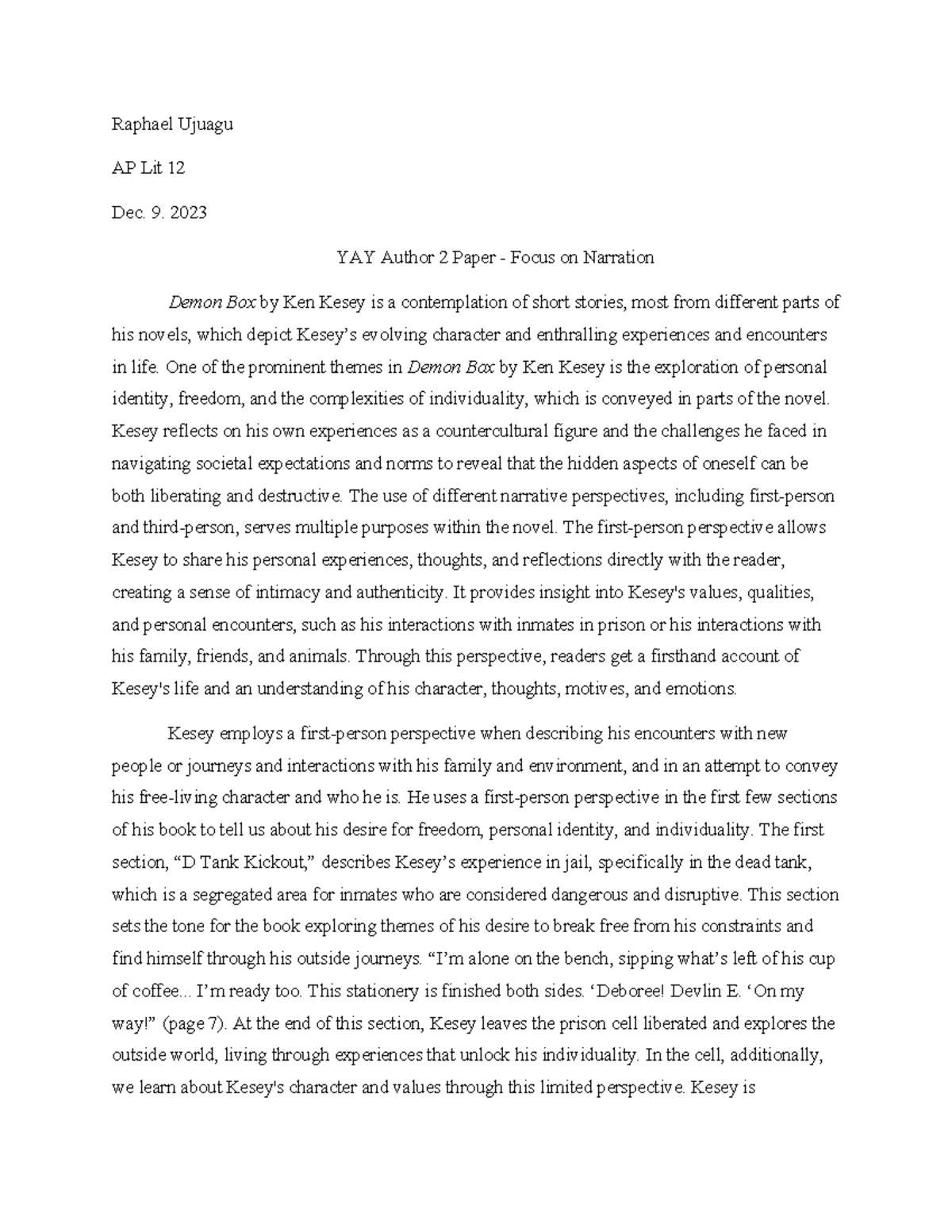 YAY Author 2 - N/A - Raphael Ujuagu AP Lit 12 Dec. 9. 2023 YAY Author 2 ...