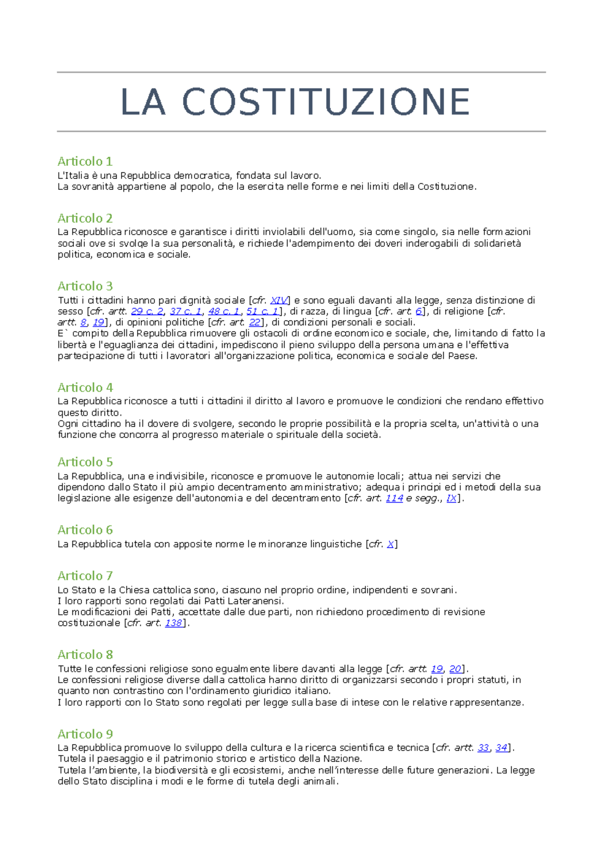 La Costituzione Articoli La Costituzione Articolo 1 Litalia è Una