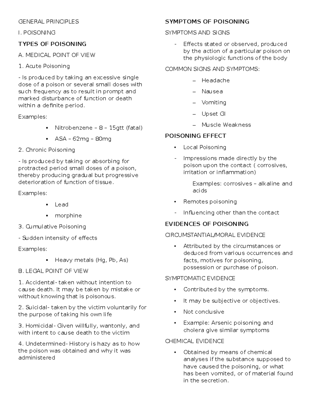 Poisoning - Clinical Toxicology - GENERAL PRINCIPLES I. POISONING TYPES ...