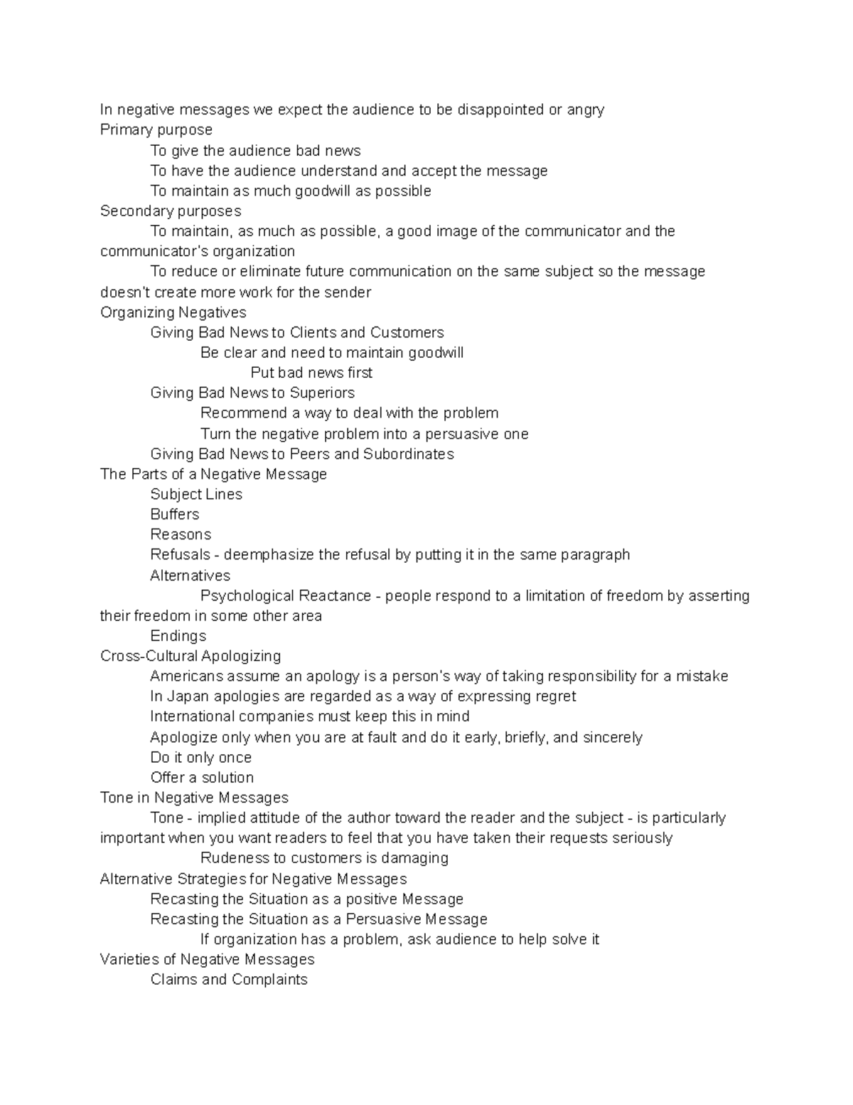 BUSN Chapter 9 Book Notes - In negative messages we expect the audience ...