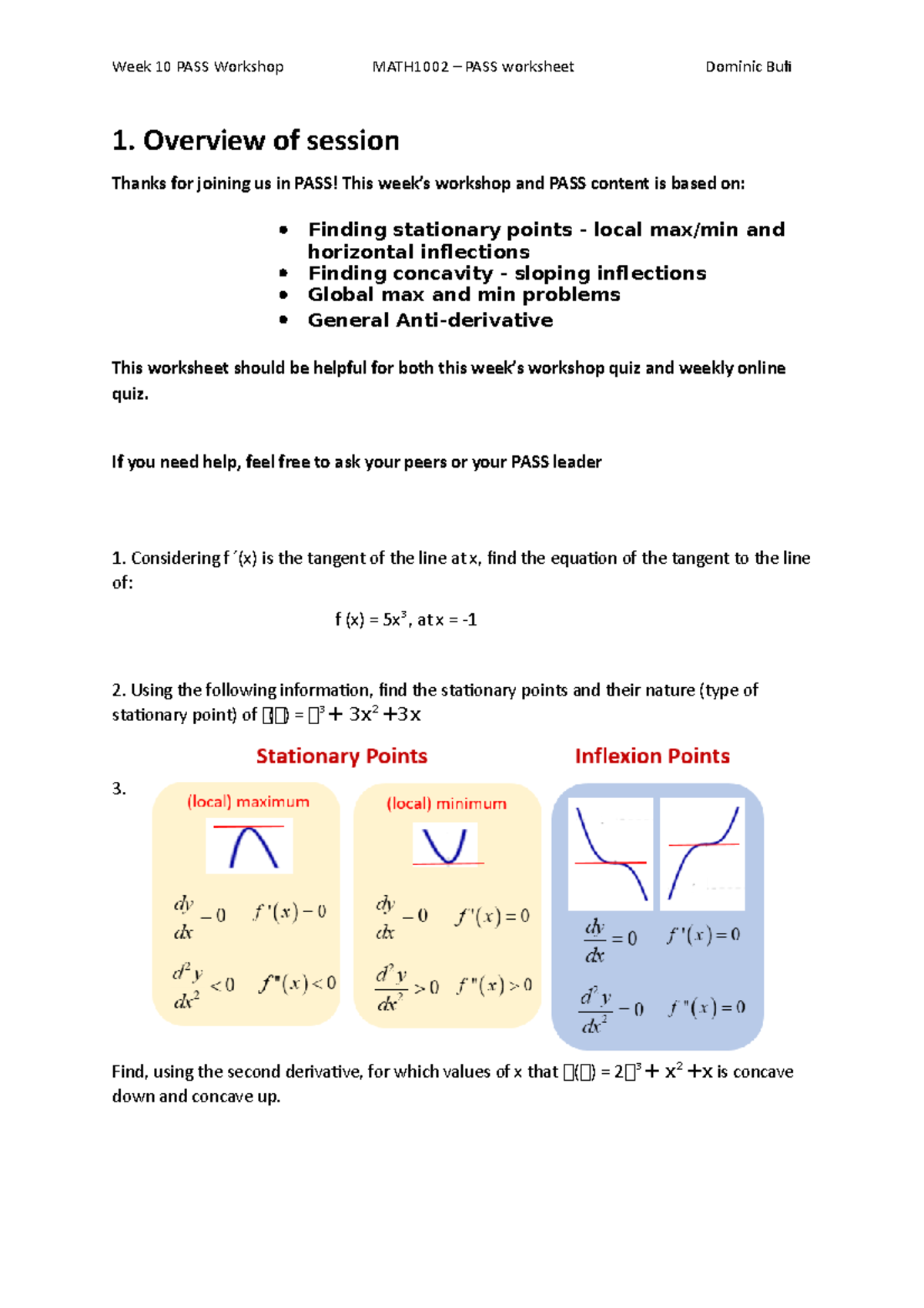MATH1002 PASS Workshop 10 - Questions-2 - Week 10 PASS Workshop MATH1002 – PASS worksheet ...