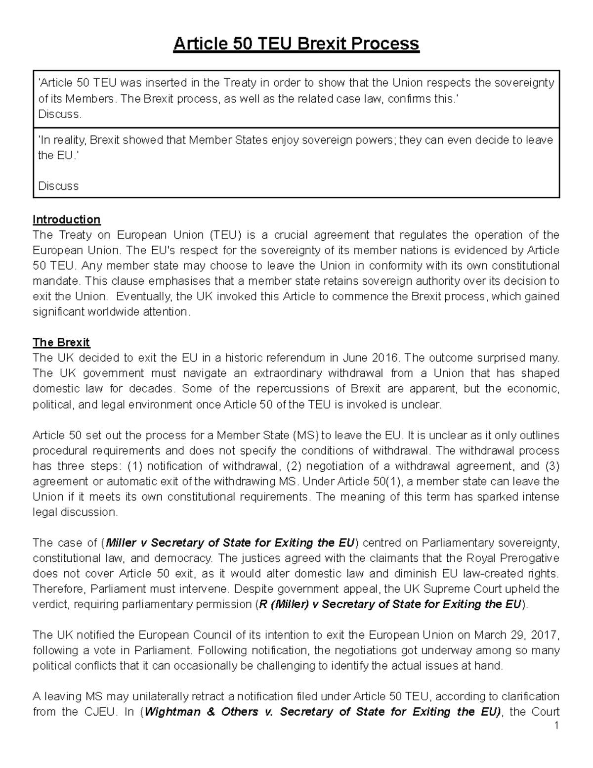 ‘Article 50 TEU ' Brexit - Article 50 TEU Brexit Process ‘Article 50 TEU was inserted in the ...
