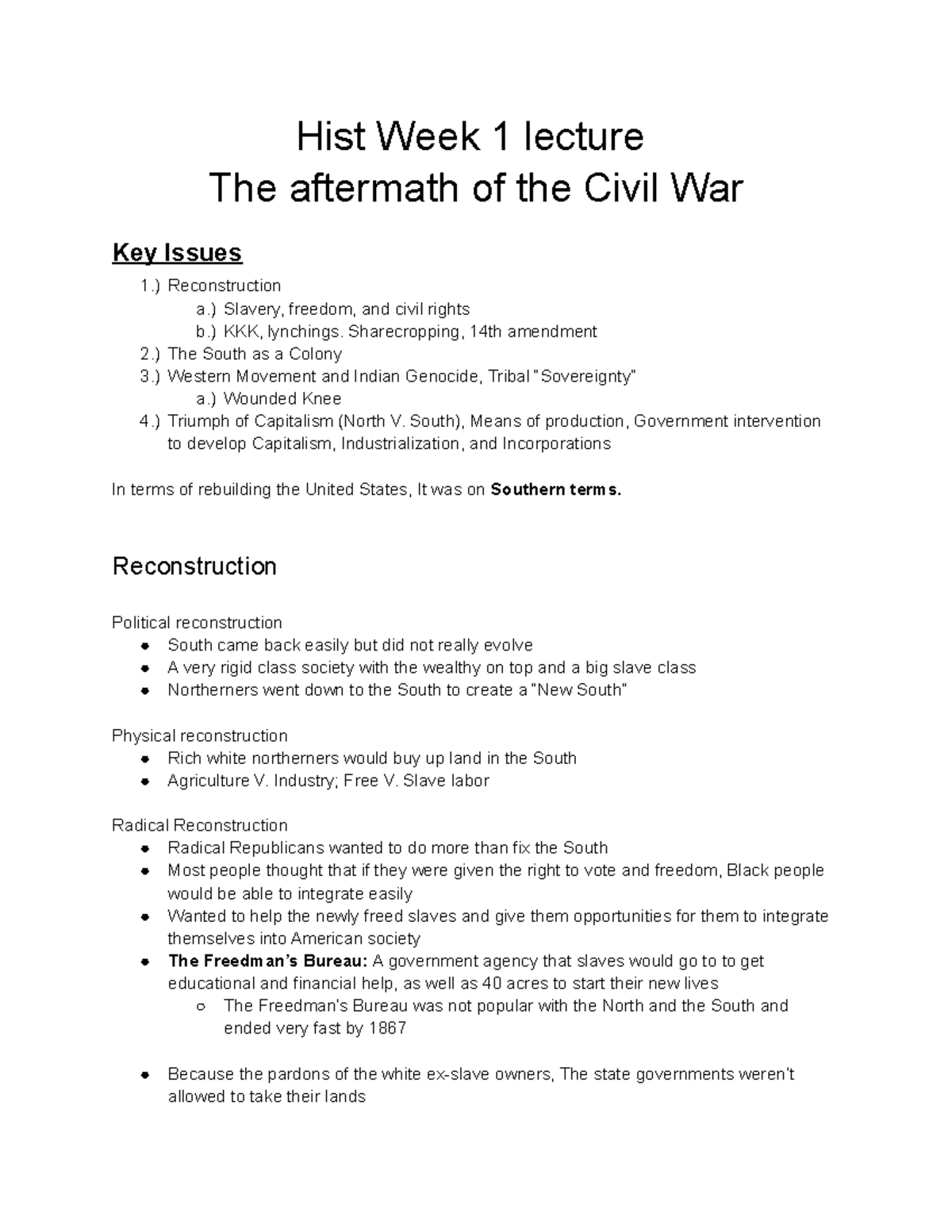 Aftermath of the Civil War - Hist Week 1 lecture The aftermath of the ...