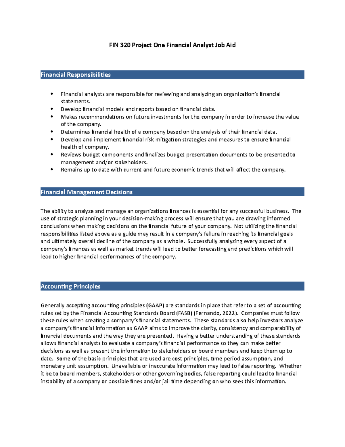 FIN 320 Project One - FIN 320 Project One Financial Analyst Job Aid ...