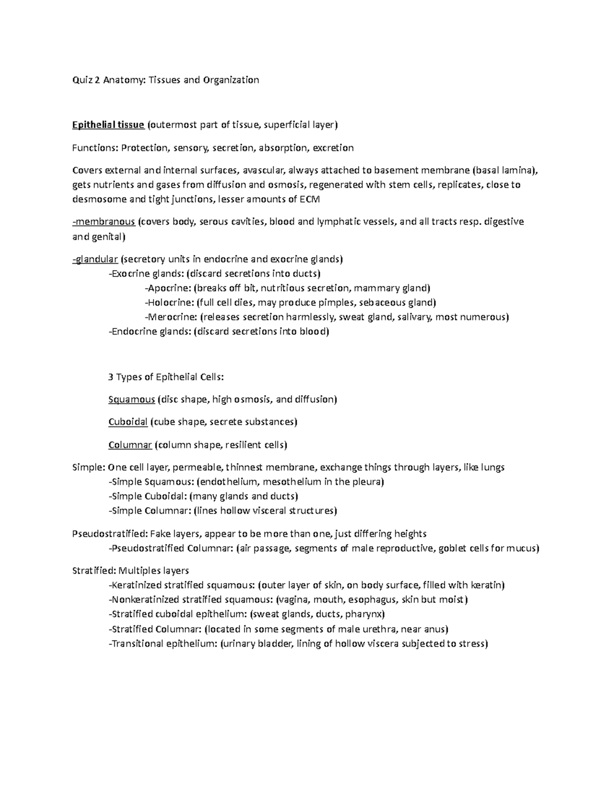 2.4 Anph quiz 2 notes - Summary of tissues - Quiz 2 Anatomy: Tissues ...
