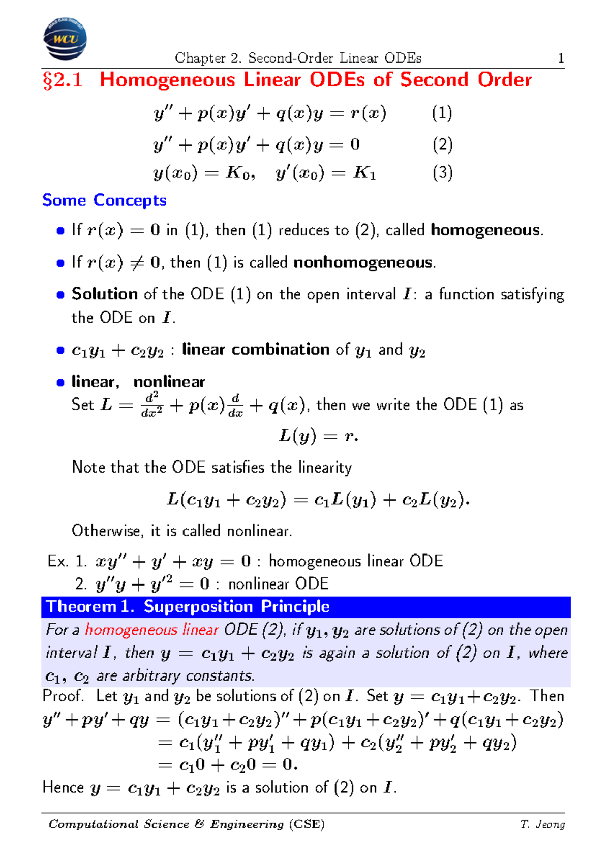 Chapter 2 - 공수 3 강의안 - § 2. 1 Homogeneous Linear ODEs of Second Order y′′ + p(x)y′ + q(x)y = r(x ...