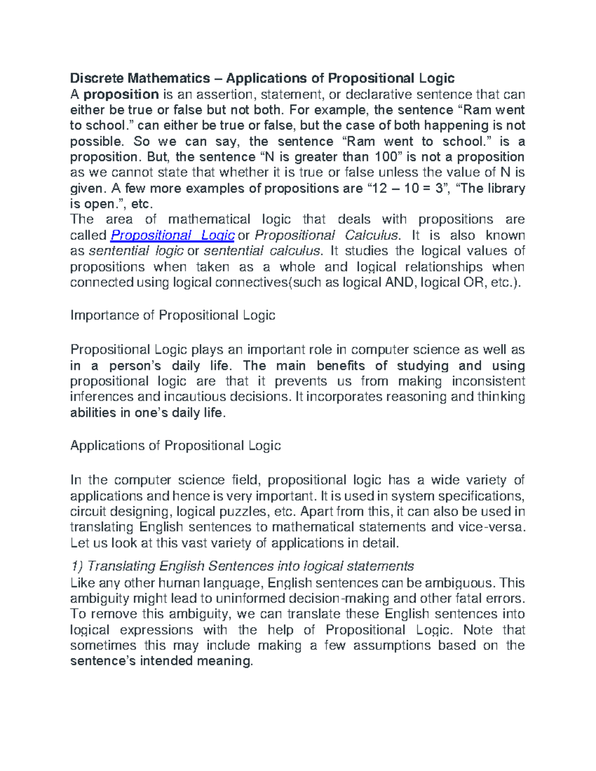 Discrete Mathematics - For example, the sentence “Ram went to school ...